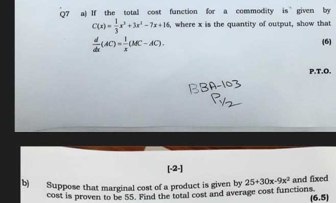 Solved Q7 ﻿a) ﻿If the total cost function for a commodity is | Chegg.com