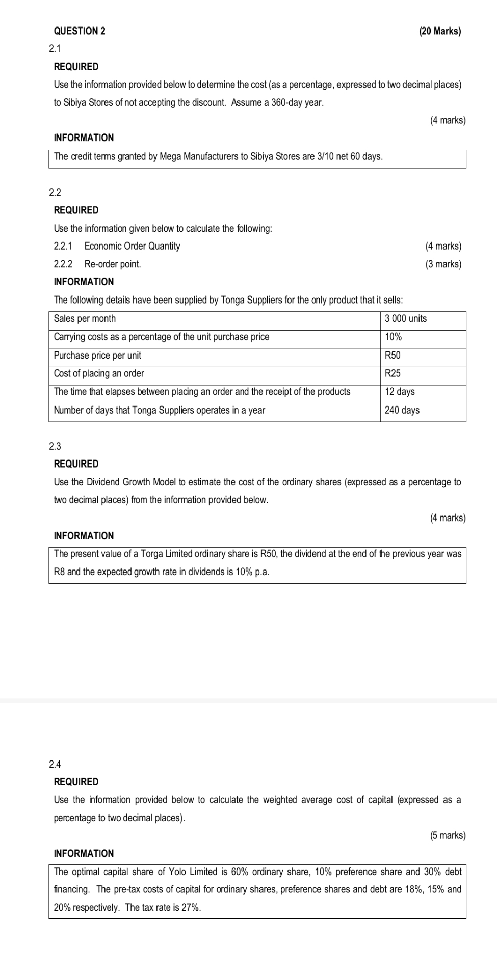 Solved QUESTION 2(20 ﻿Marks)2.1REQUIREDUse the information | Chegg.com