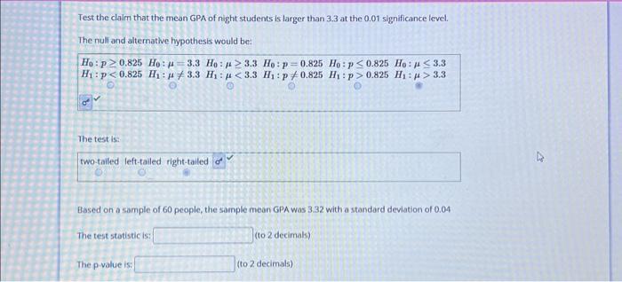 Solved Test the claim that the meon GPA of night students is | Chegg.com