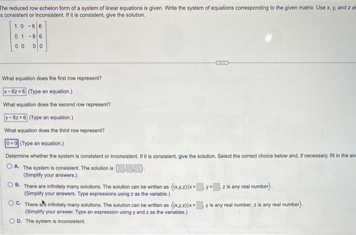 Solved The reduced row echelon form of a system of linear | Chegg.com