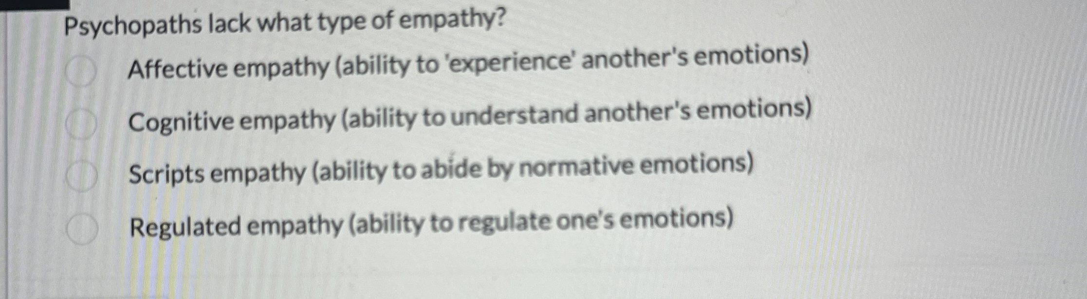 Solved Psychopaths lack what type of empathy?Affective | Chegg.com