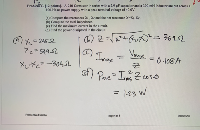 Solved can someone explain how we get XL and XC for part A. | Chegg.com
