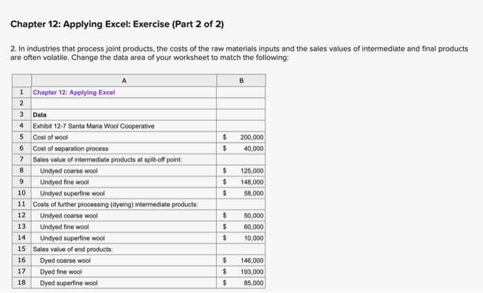 Solved Chapter 12: Applying Excel: Exercise (Part 2 of 2) 2. | Chegg.com Solved Chapter 12: Applying Excel: Exercise (Part 2 of 2) 2. | Chegg.com