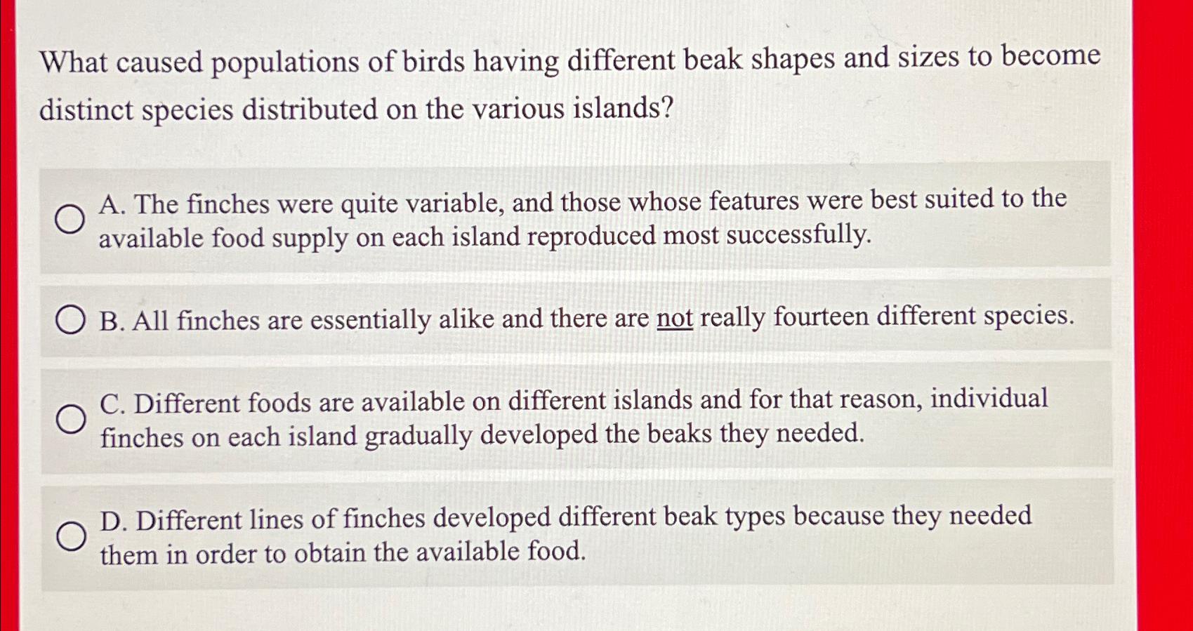Solved What caused populations of birds having different | Chegg.com