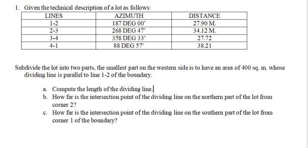 Solved 1. Given the technical description of a lot as | Chegg.com