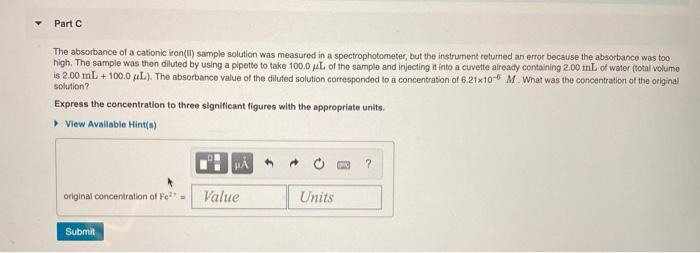 Solved Part The absorbance of a cationic iron(ll) sample | Chegg.com