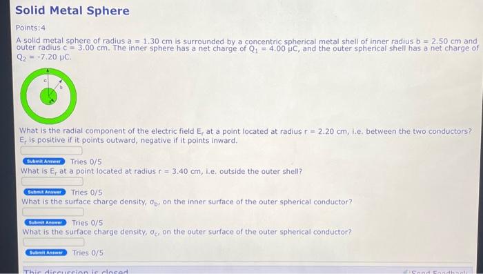 Solved Points: 4 A solid metal sphere of radius a=1.30 cm is | Chegg.com