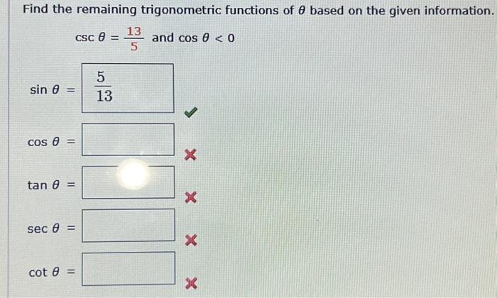 Solved Find the remaining trigonometric functions of θ based | Chegg.com