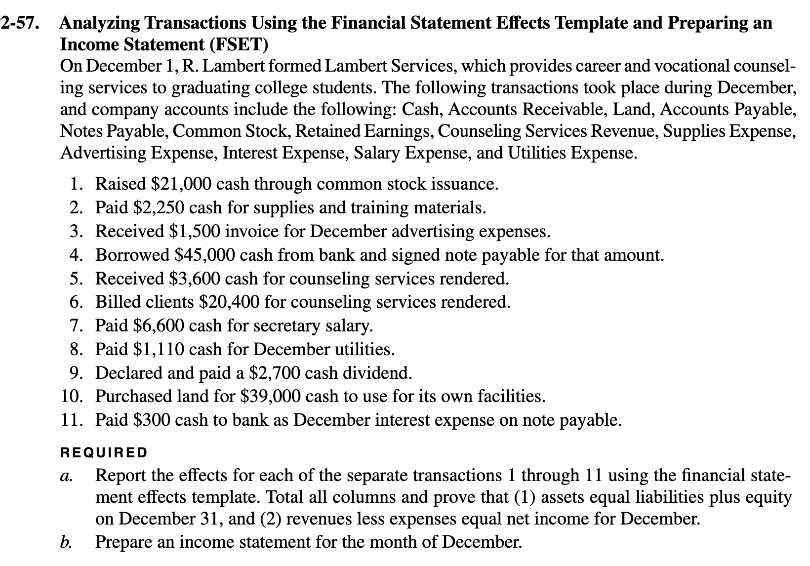 Solved 2-57. ﻿Analyzing Transactions Using the Financial | Chegg.com
