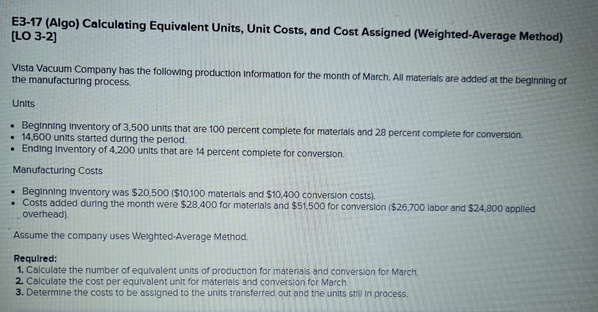 Solved E3-17 (Algo) ﻿Calculating Equivalent Units, Unit | Chegg.com