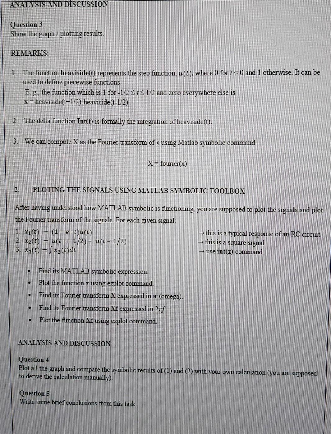 Solved TASK 2: FOURIER TRANSFORM WITH MATLAB SYMBOLIC | Chegg.com
