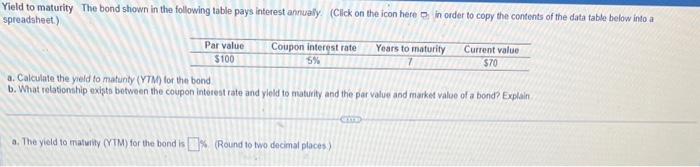 Solved Yield to maturity The bond shown in the following | Chegg.com