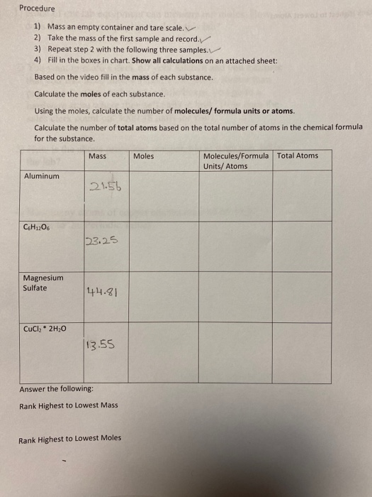 Solved Procedure 1) Mass an empty container and tare scale. | Chegg.com