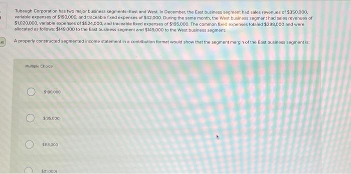 Solved . Tubaugh Corporation has two major business | Chegg.com