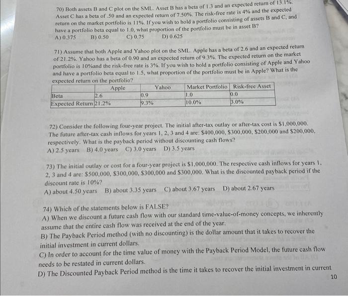 70) Both assets B and C plot on the SML. Asset B has | Chegg.com