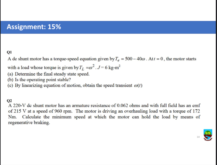 Solved Assignment: 15%Q1A de shunt motor has a torque-speed | Chegg.com