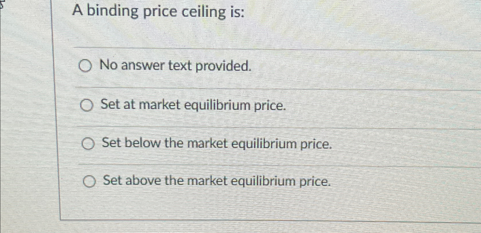 Solved A binding price ceiling is:No answer text | Chegg.com