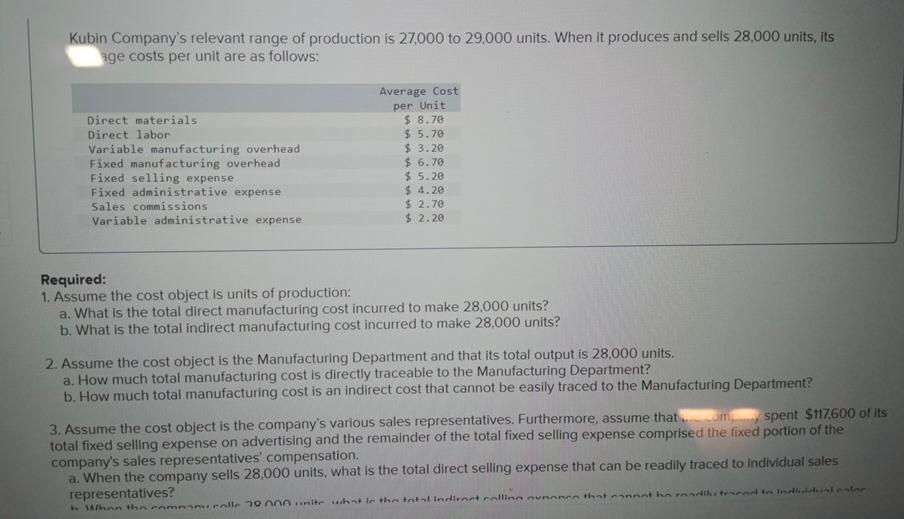 Solved Kubin Company's relevant range of production is | Chegg.com Solved Kubin Company's relevant range of production is | Chegg.com
