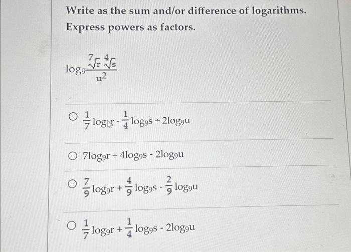 Solved Write as the sum and/or difference of logarithms. | Chegg.com