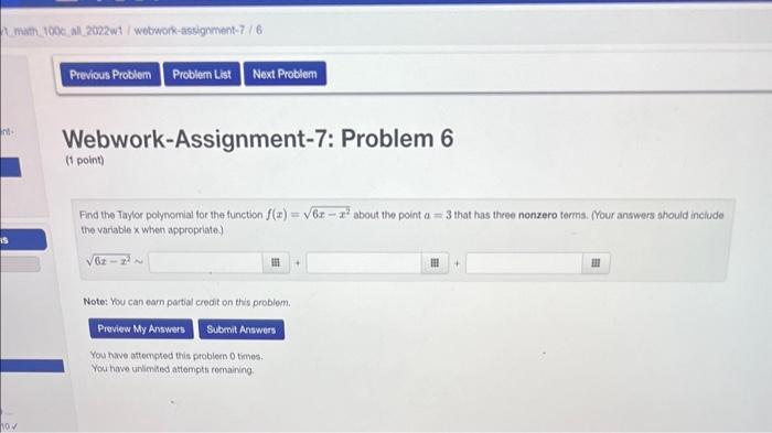 Solved Webwork-Assignment-7: Problem 6 (1 point) Find the | Chegg.com