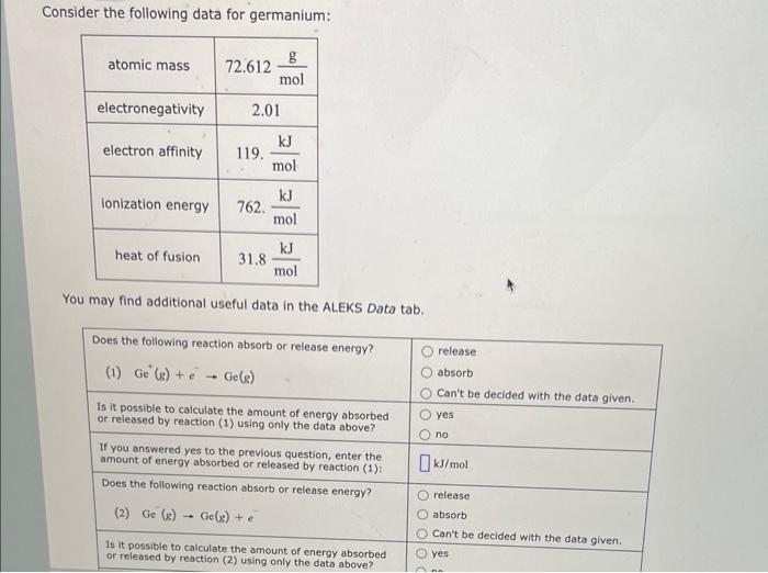 Solved Consider the following data for germanium: You may | Chegg.com
