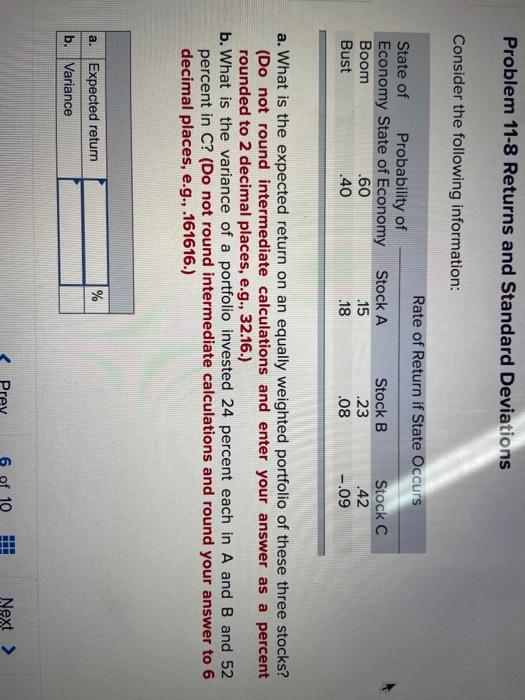 Solved Problem 11-8 Returns and Standard Deviations Consider | Chegg.com