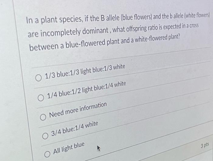 Solved In a plant species, if the B allele (blue flowers) | Chegg.com