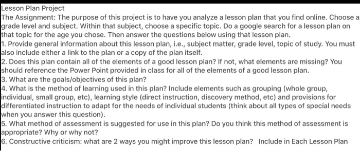 Solved Lesson Plan Project The Assignment: The purpose of | Chegg.com