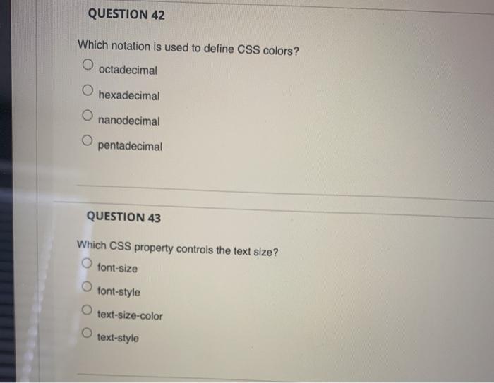 Solved QUESTION 42 Which notation is used to define CSS | Chegg.com