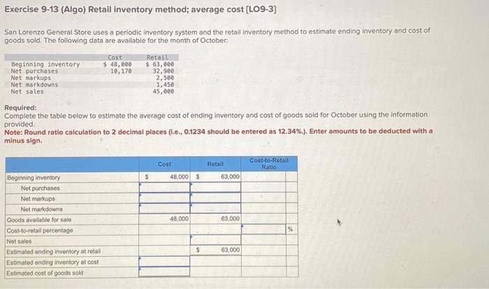 Solved Exercise 9-13 (Algo) Retail inventory method; average | Chegg.com