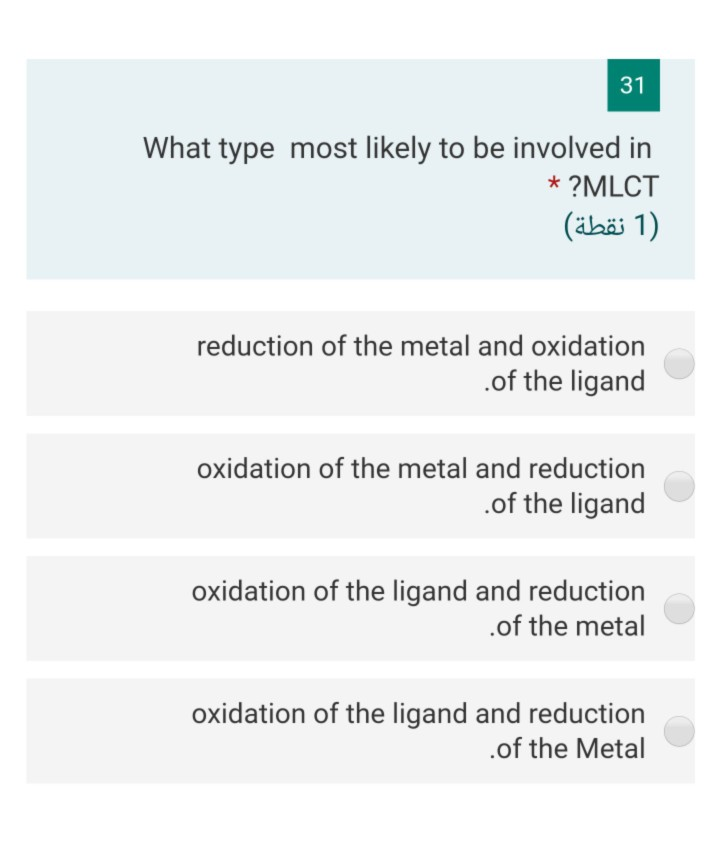 Solved 31 What type most likely to be involved in * ?MLCT 1 | Chegg.com