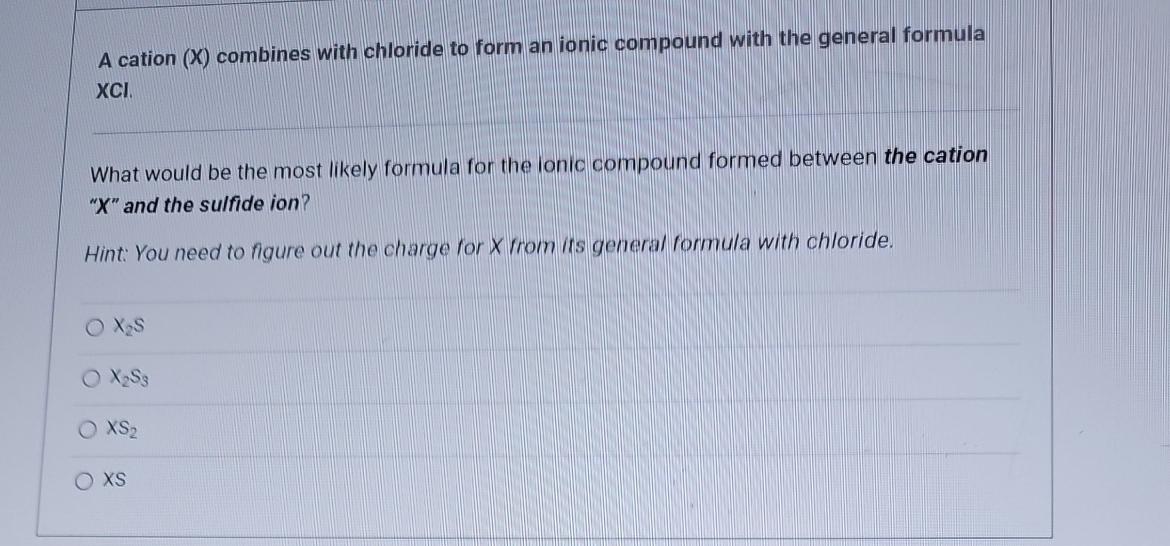 Solved A cation (x) ﻿combines with chloride to form an ionic | Chegg.com