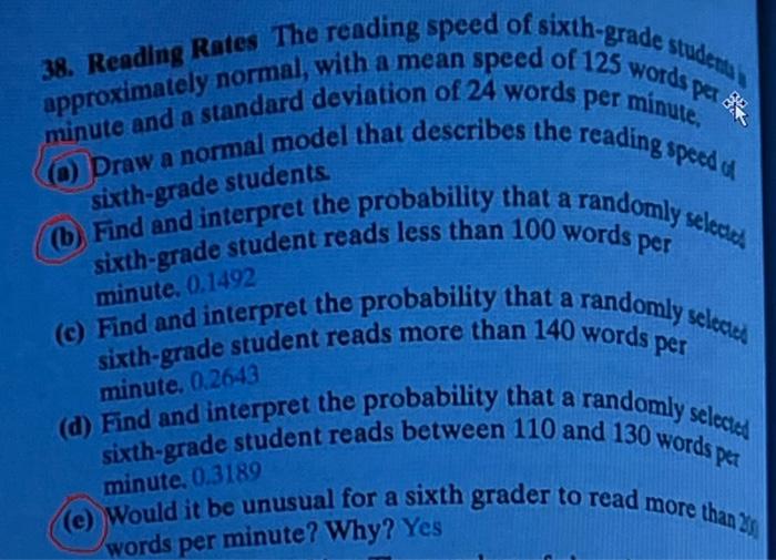 Solved 38. Reading Rates The reading speed of sixth-grade | Chegg.com