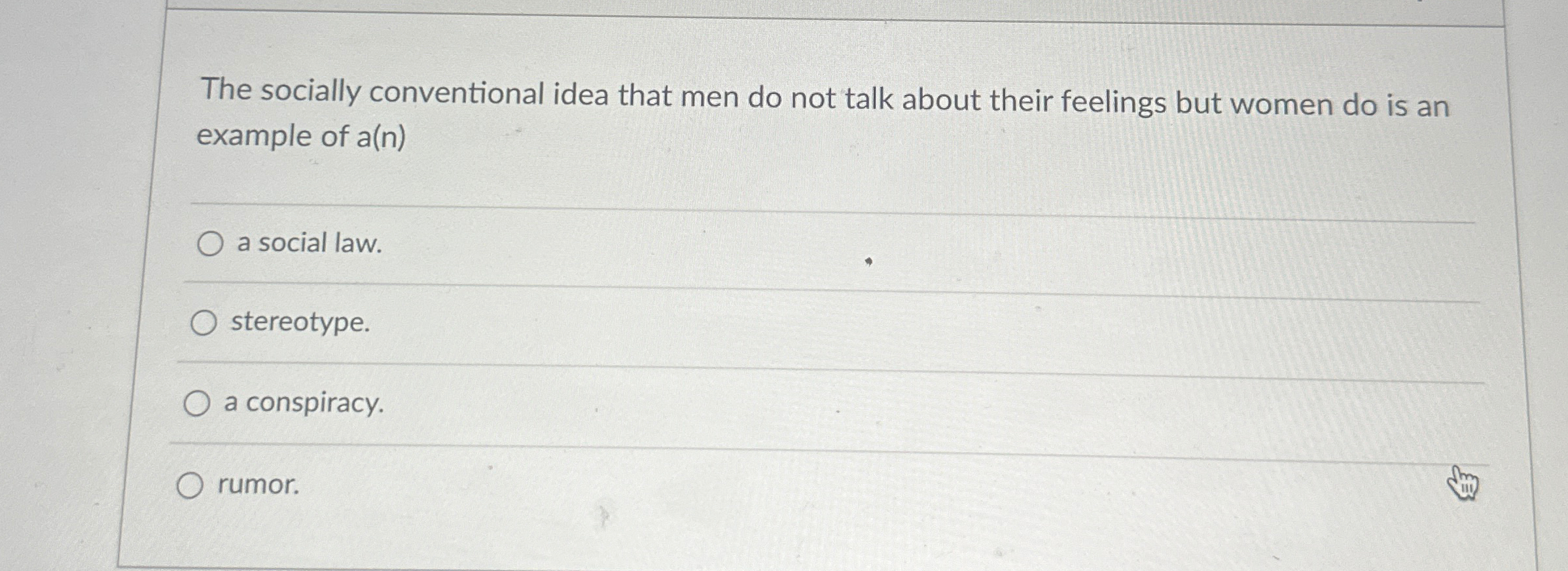 Solved The socially conventional idea that men do not talk | Chegg.com