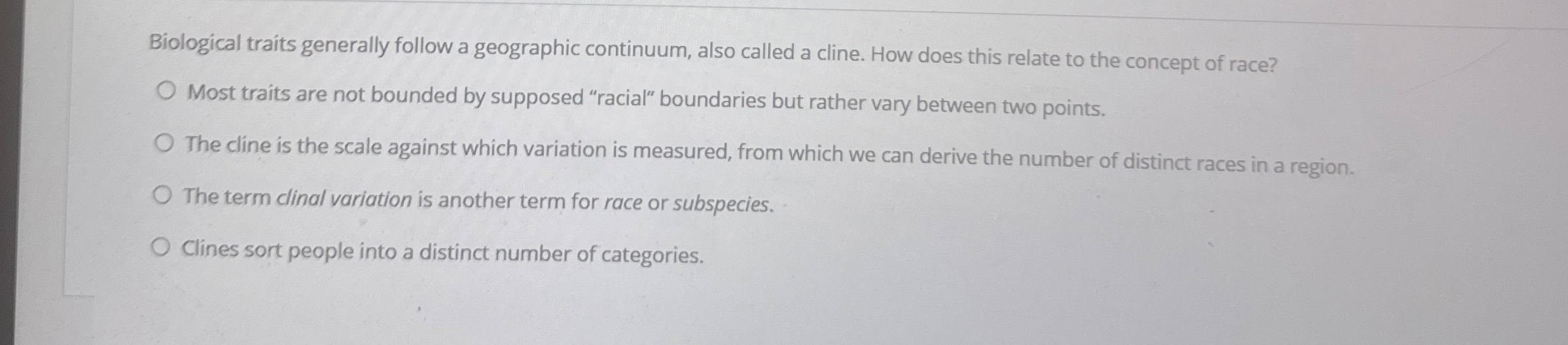 Solved Biological traits generally follow a geographic | Chegg.com