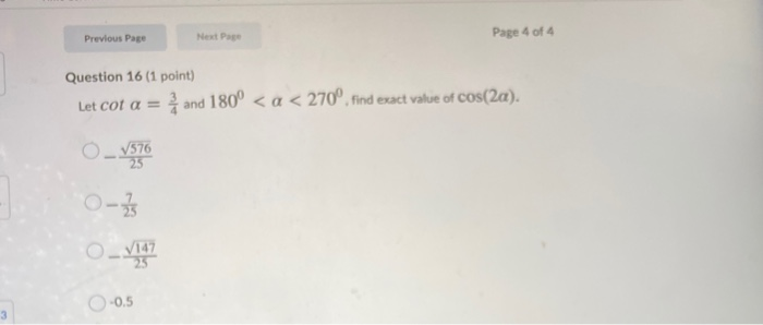 Solved Previous Page Next Pace Page 4 of 4 Question 16 (1 | Chegg.com
