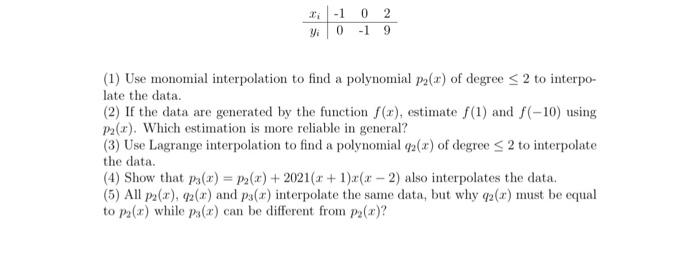 Solved -1 0 0 2 -19 (1) Use monomial interpolation to find a | Chegg.com