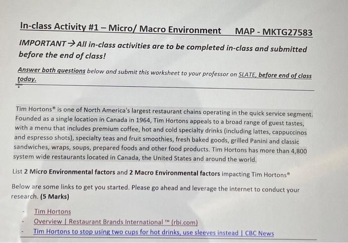 In-class Activity #1 - Micro/ Macro Environment MAP - | Chegg.com
