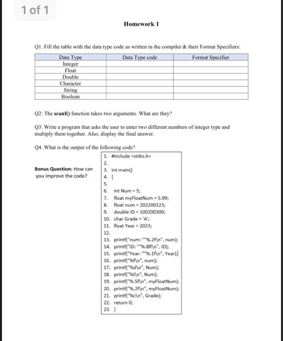 Solved Homework 1 Q1. Fill the table with the data type code | Chegg.com