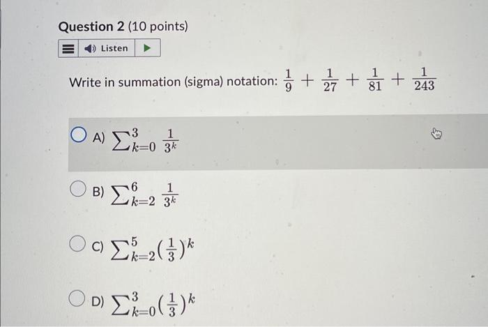 Solved in summation (sigma) notation: 91+271+811+2431 | Chegg.com