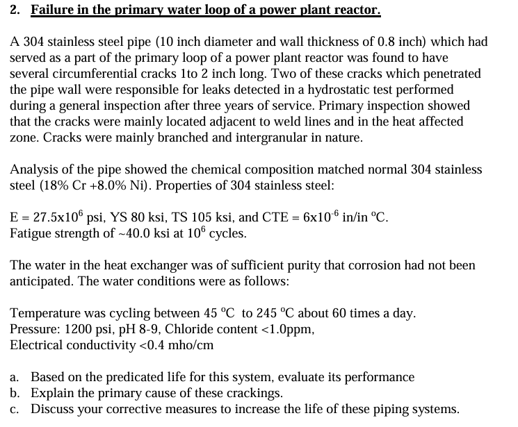 Solved Failure in the primary water loop of a power plant | Chegg.com