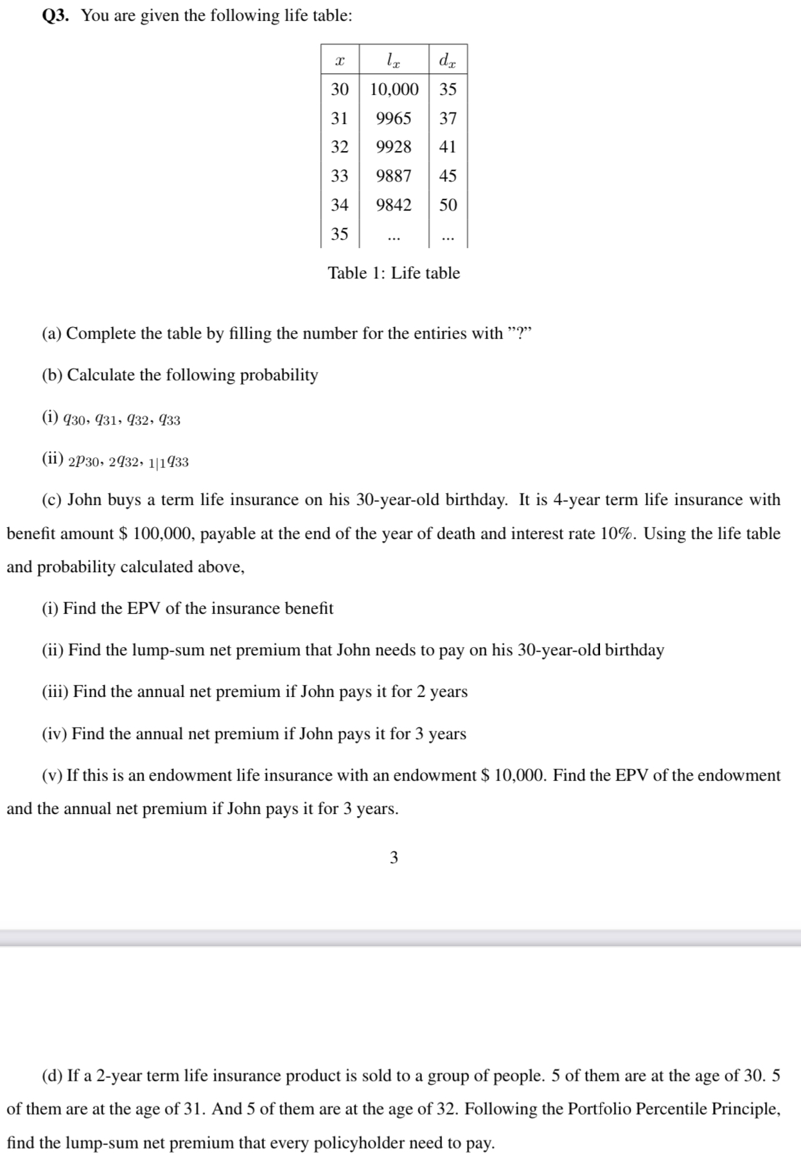Solved Q3. ﻿You are given the following life | Chegg.com