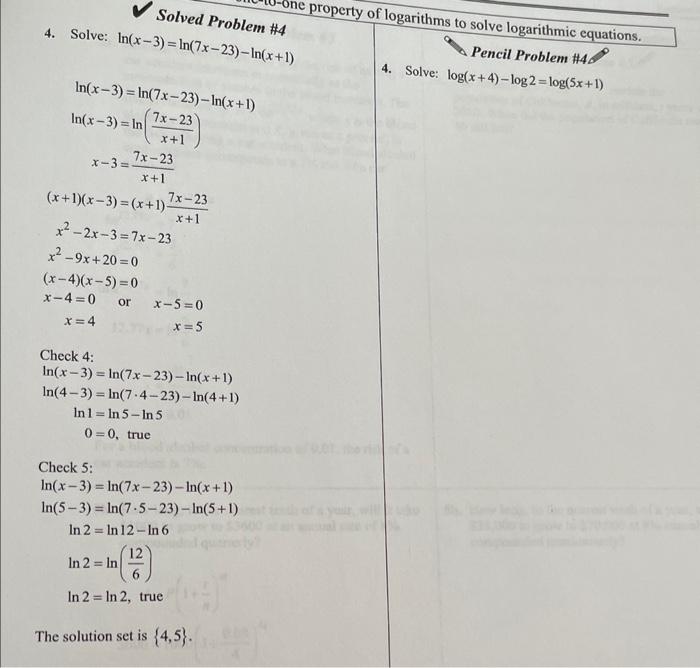 Solved 4. Solve: ln(x−3)=ln(7x−23)−ln(x+1) | Chegg.com