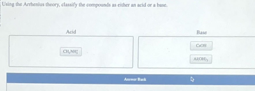 Solved Using the Arrhenius theory, classify the compounds as | Chegg.com