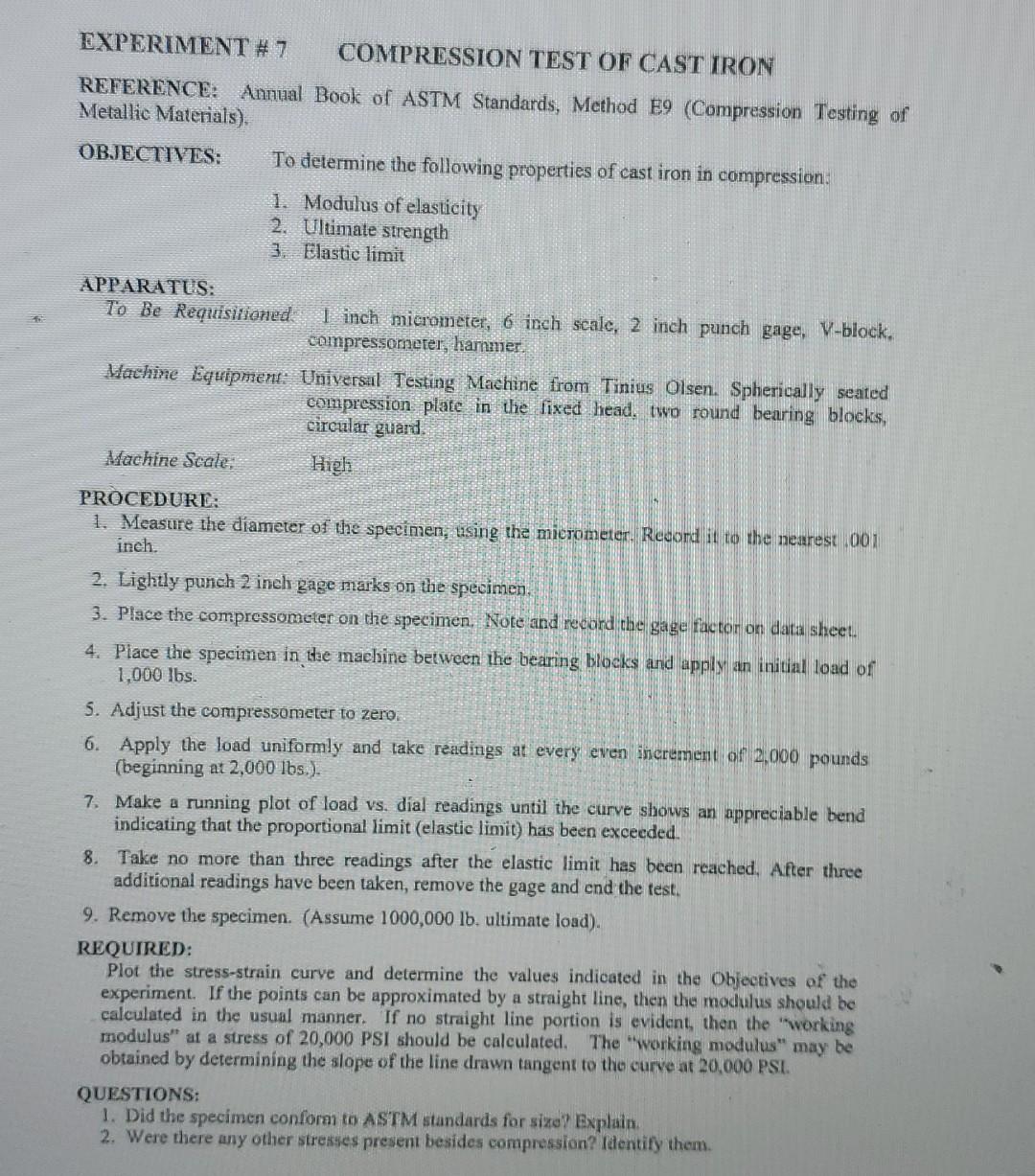 Solved EXPERIMENT \# 7 COMPRESSION TEST OF CAST IRON | Chegg.com