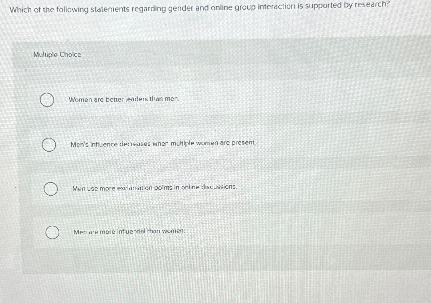 Solved Which of the following statements regarding gender | Chegg.com