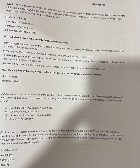 Solved Q01. A hacker sent an email that has an executable | Chegg.com
