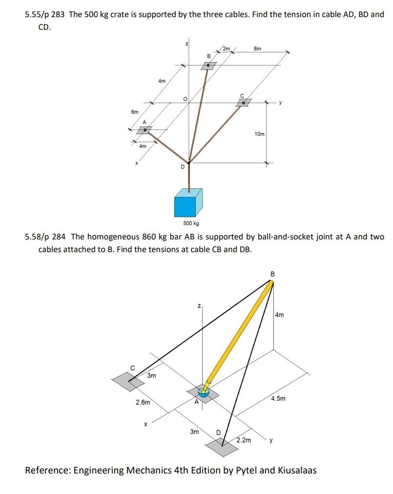 Solved 5.55/p283 The 500 kg crate is supported by the three | Chegg.com