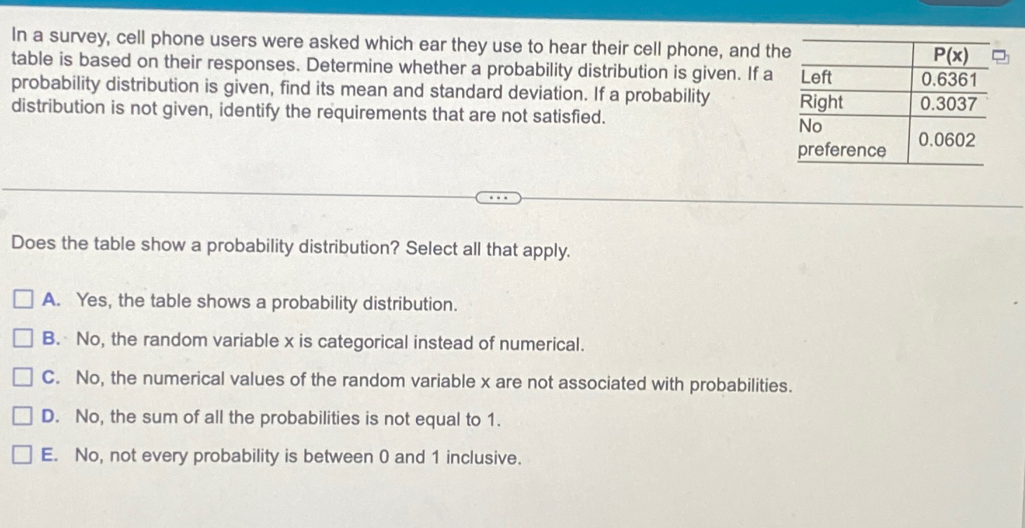 Solved In a survey, cell phone users were asked which ear | Chegg.com