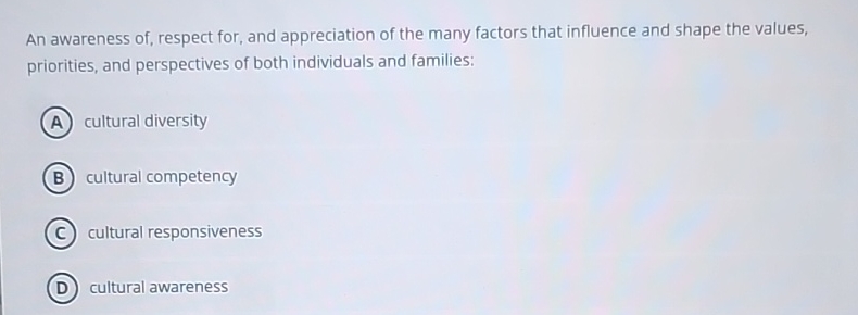 Solved An awareness of, ﻿respect for, and appreciation of | Chegg.com
